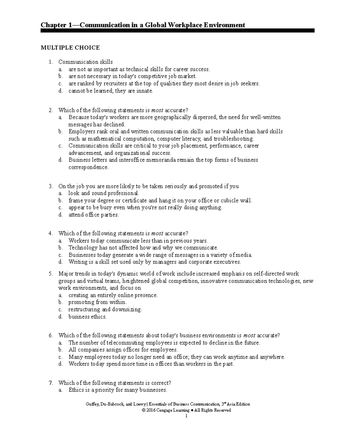 Chapter 1 Test homework - Chapter 1—Communication in a Global Workplace ...