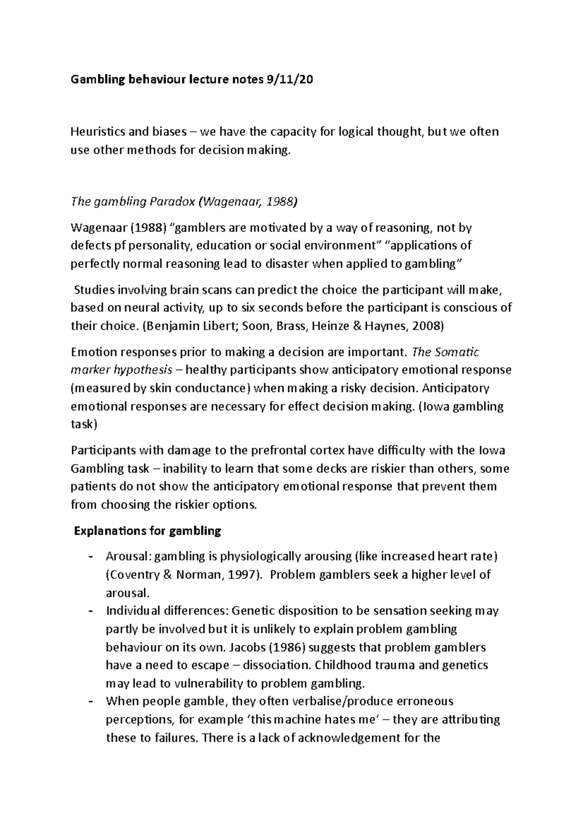 Gambling behaviour lecture notes - The gambling Paradox (Wagenaar, 1988 ...