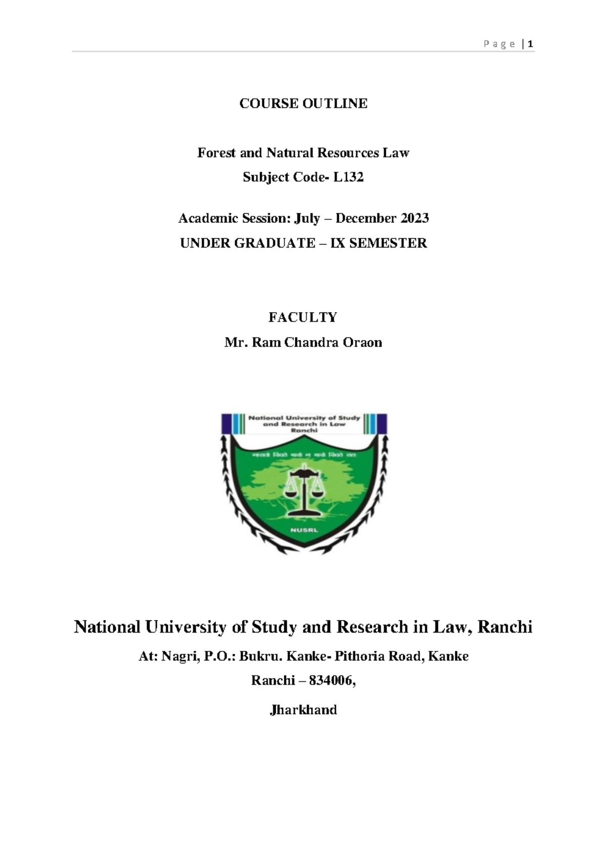 Forest and Natural Resource Law Sem - IX Syllabus 2023 - COURSE OUTLINE ...