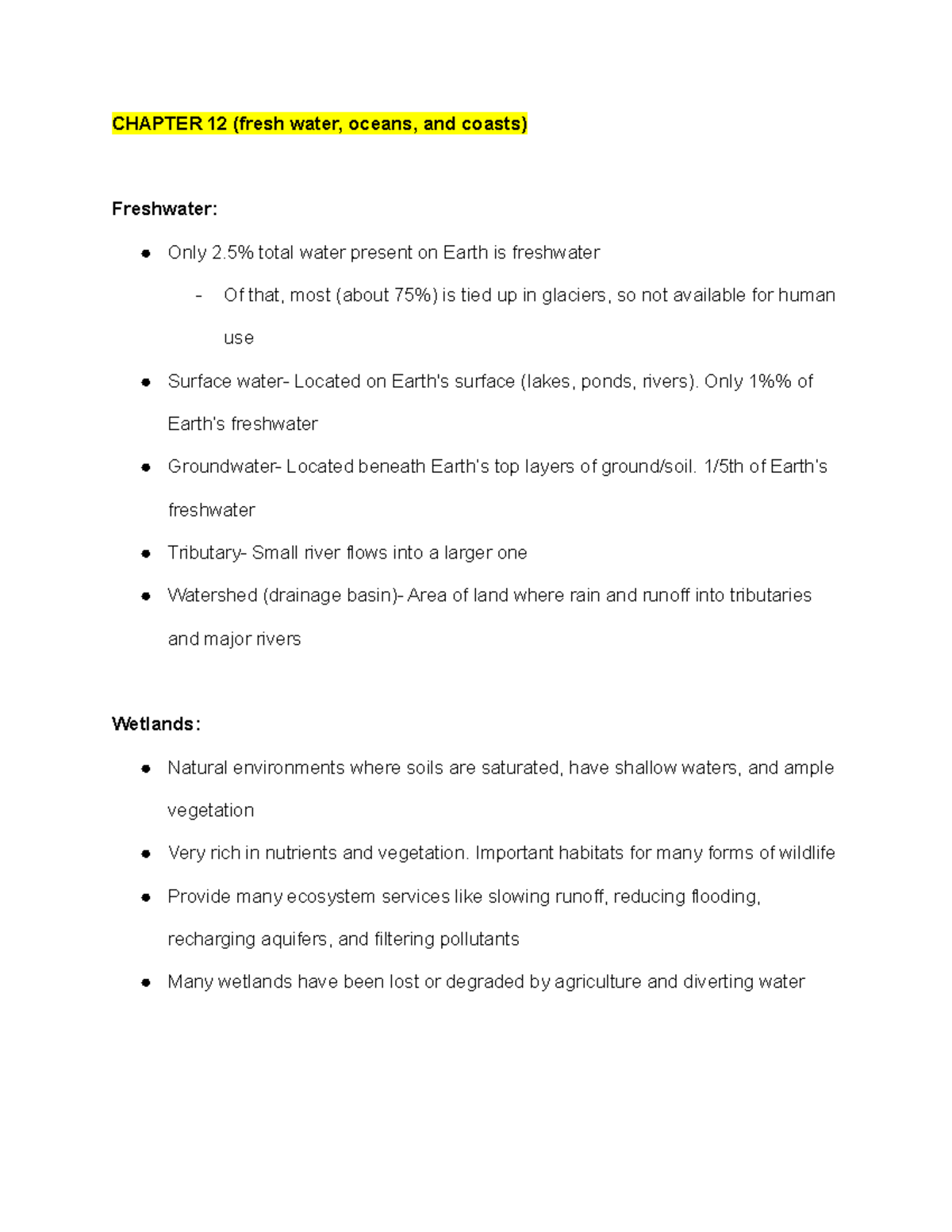 ENS112 chapter 12 notes - CHAPTER 12 (fresh water, oceans, and coasts ...