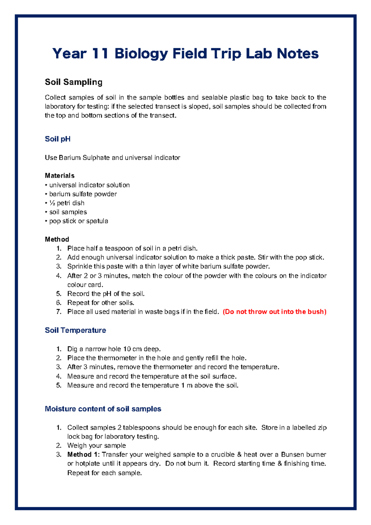 Yr 11 Biology Field Trip Lab Notes - Soil Sampling Collect samples of ...