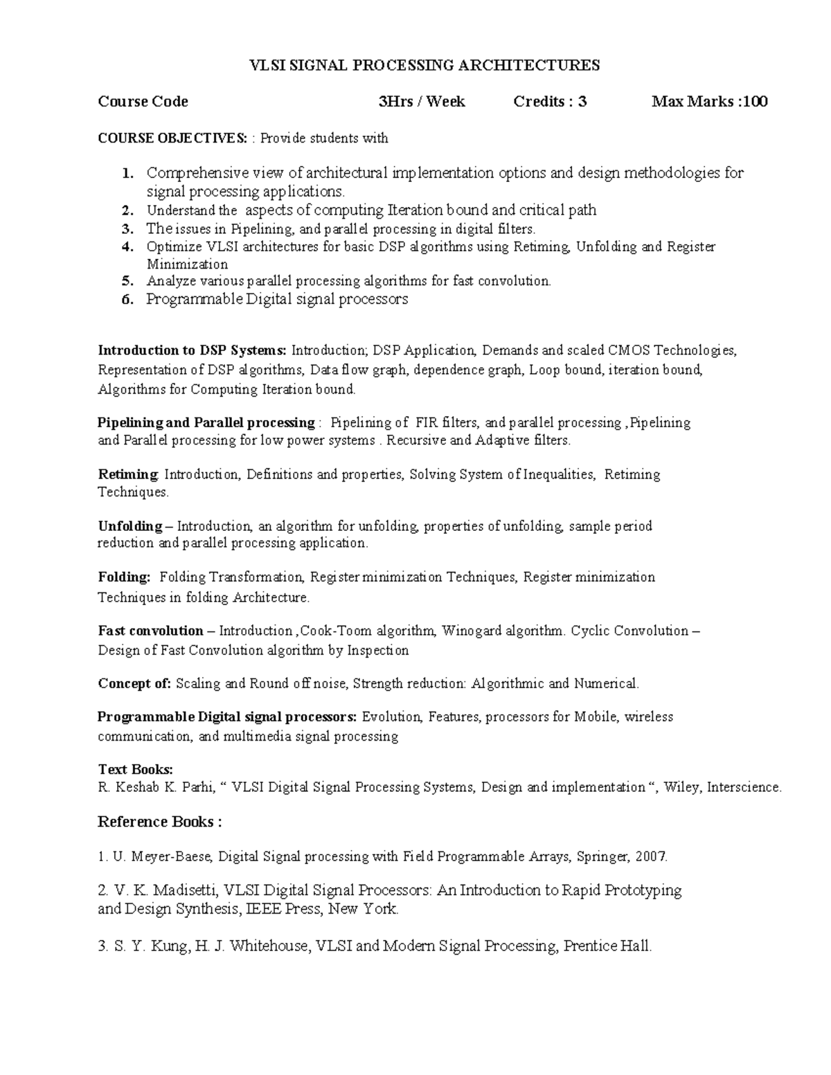 Vlsi Signal Processing Syl Vlsi Signal Processing Architectures Course Code 3hrs Week