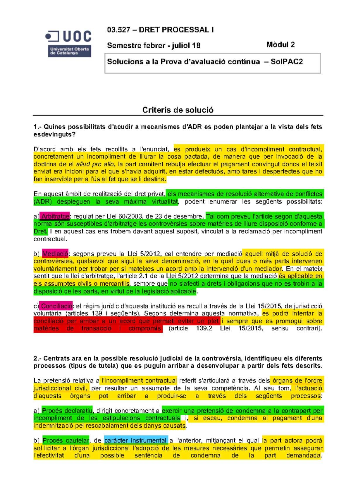 03527 Sol PAC 2 - solución PAC 2 - 03 – DRET PROCESSAL I Semestre febrer - juliol 18 Mòdul 2 ...