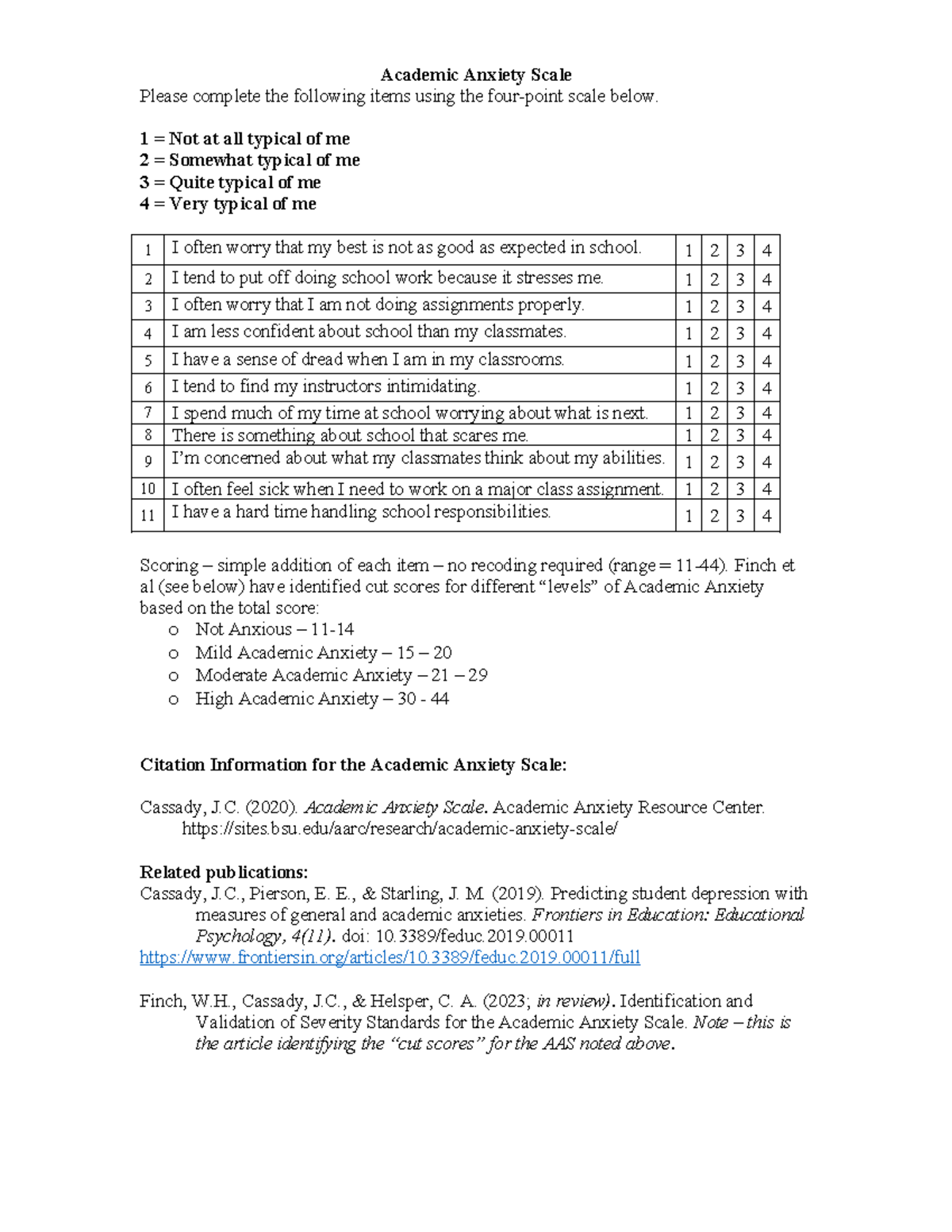 Academic Anxiety Scale Print version - Academic Anxiety Scale Please ...
