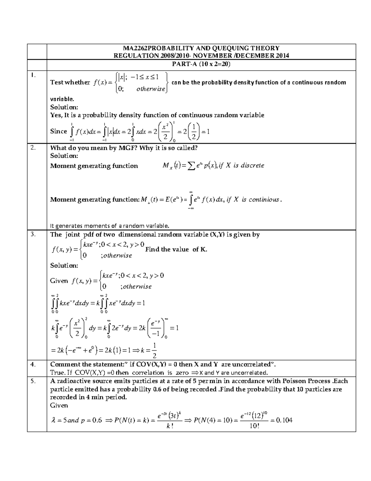 PQT DEC 2014 - University questions - MA2262PROBABILITY AND QUEQUING ...