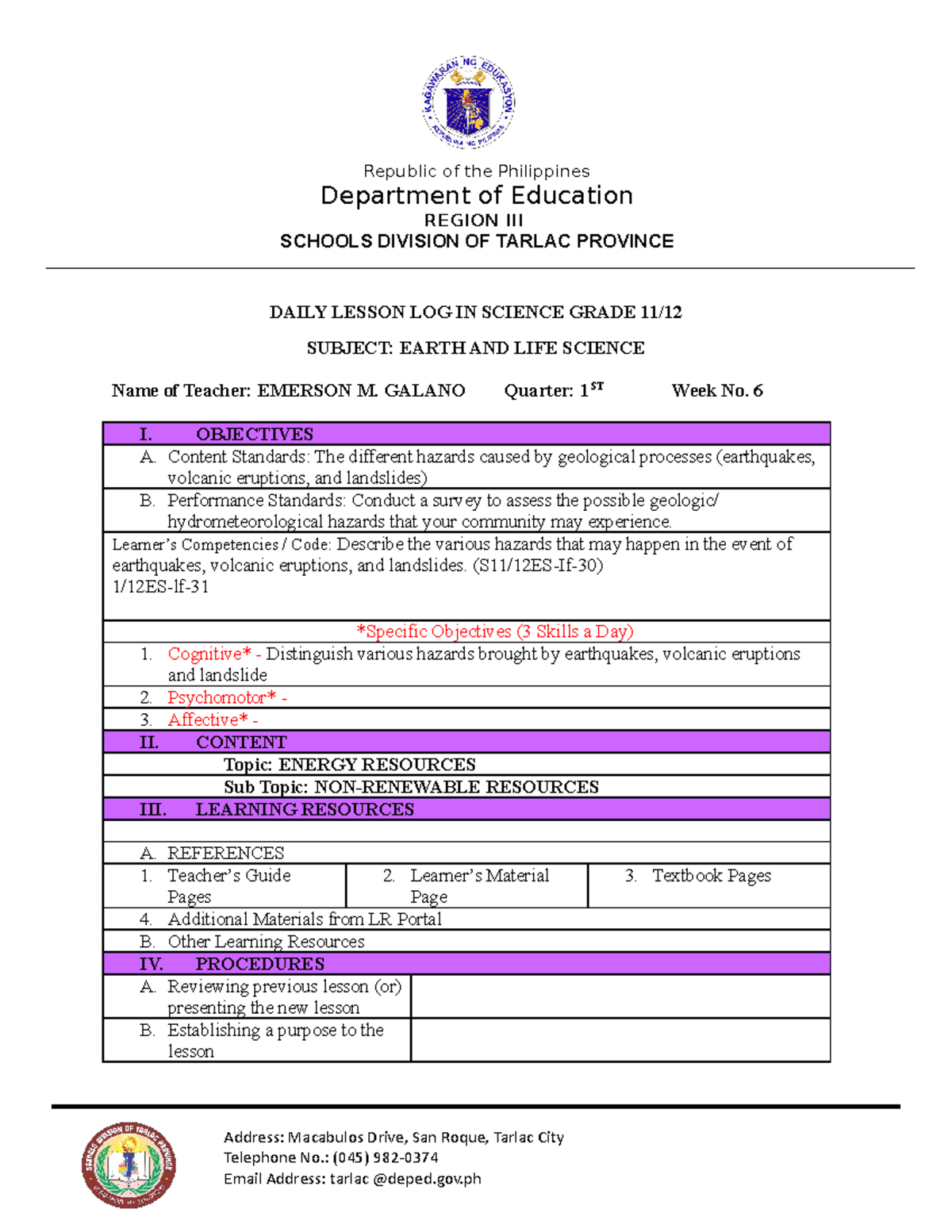 Daily Lesson LOG IN Science Grade 11 12 - Republic of the Philippines ...
