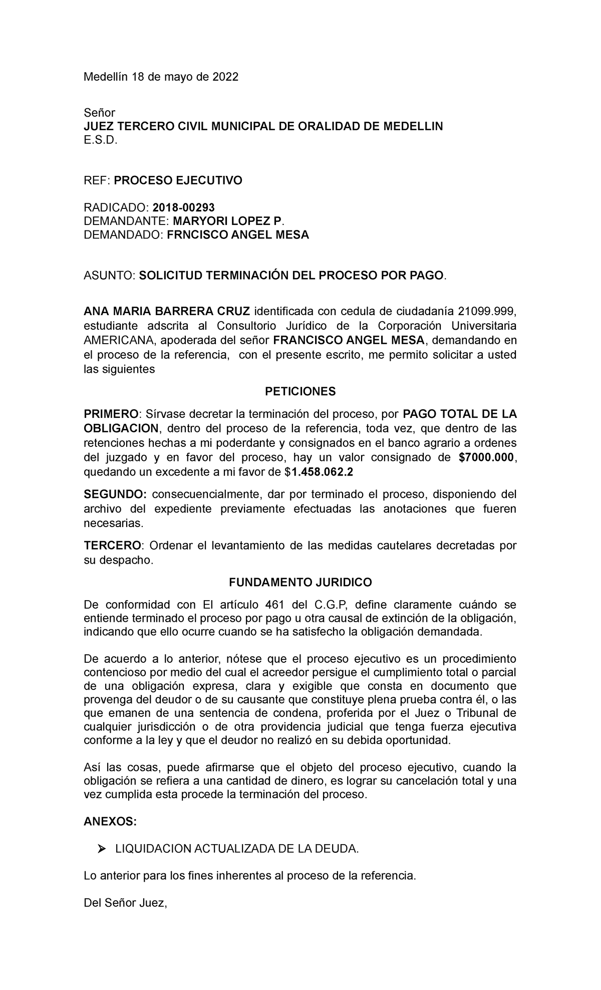 Solicitud DE Terminacion Proceso ANA - Medellín 18 de mayo de 2022 ...