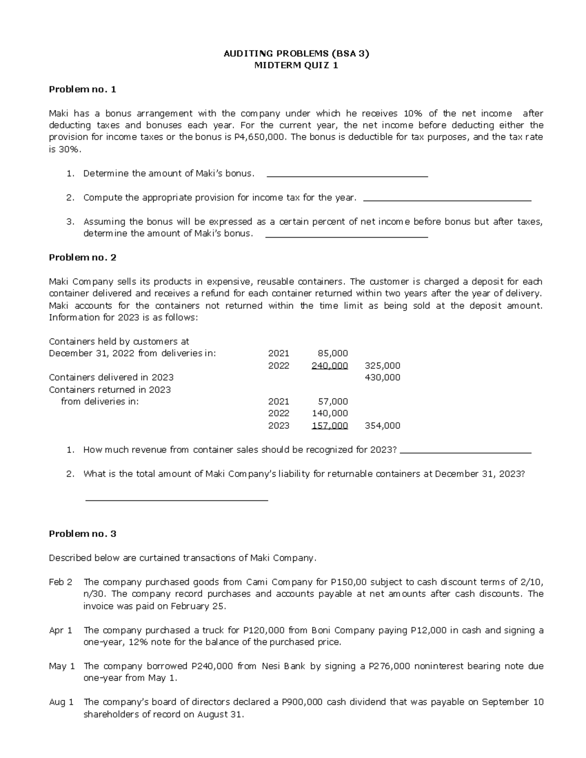 Midterm Quiz 1 - Liabilities - Audit and Assurance Concept and ...