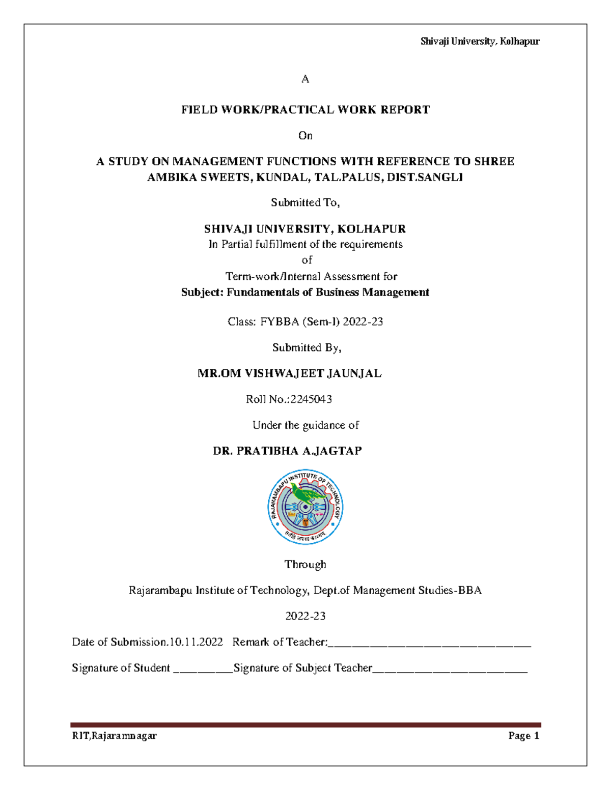 Om Jounjal -Final Field Work - A FIELD WORK/PRACTICAL WORK REPORT On A ...