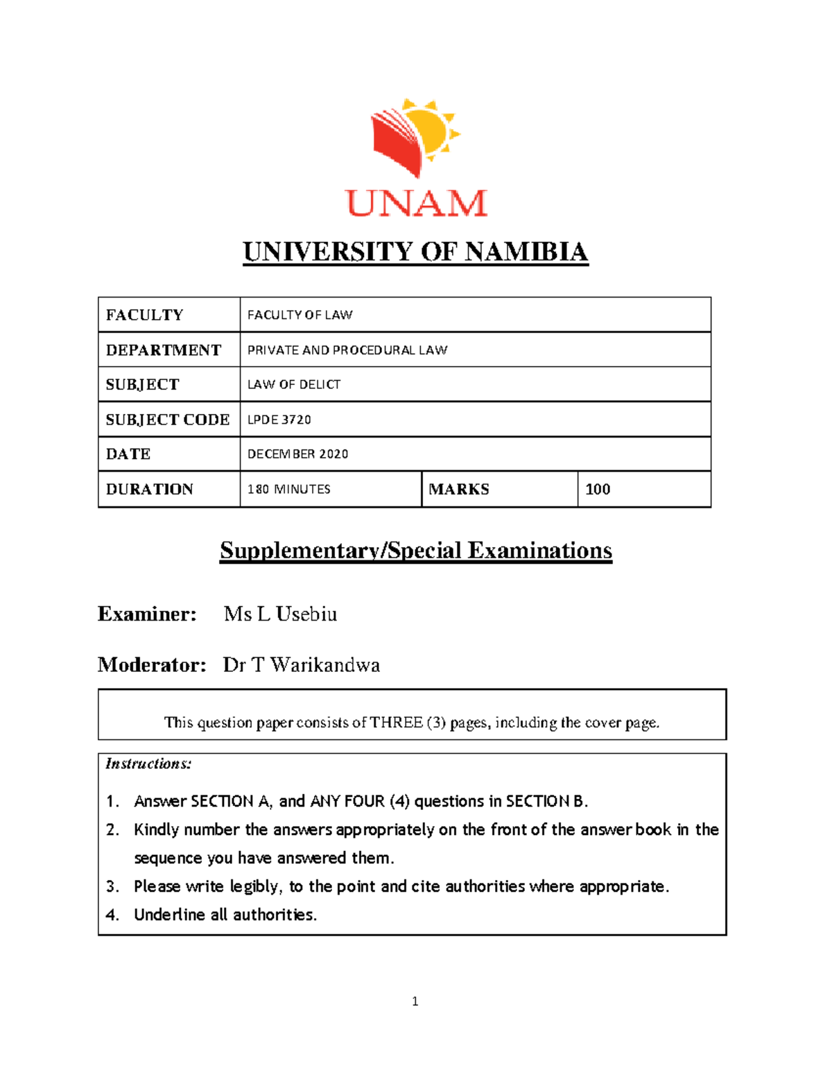Law of Delict Supp 2020 - Exam papers for practice questions - 1 ...