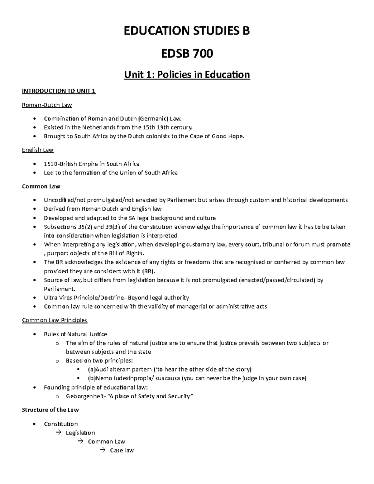 EDSB Notes from Slides - EDUCATION STUDIES B EDSB 700 Unit 1: Policies ...