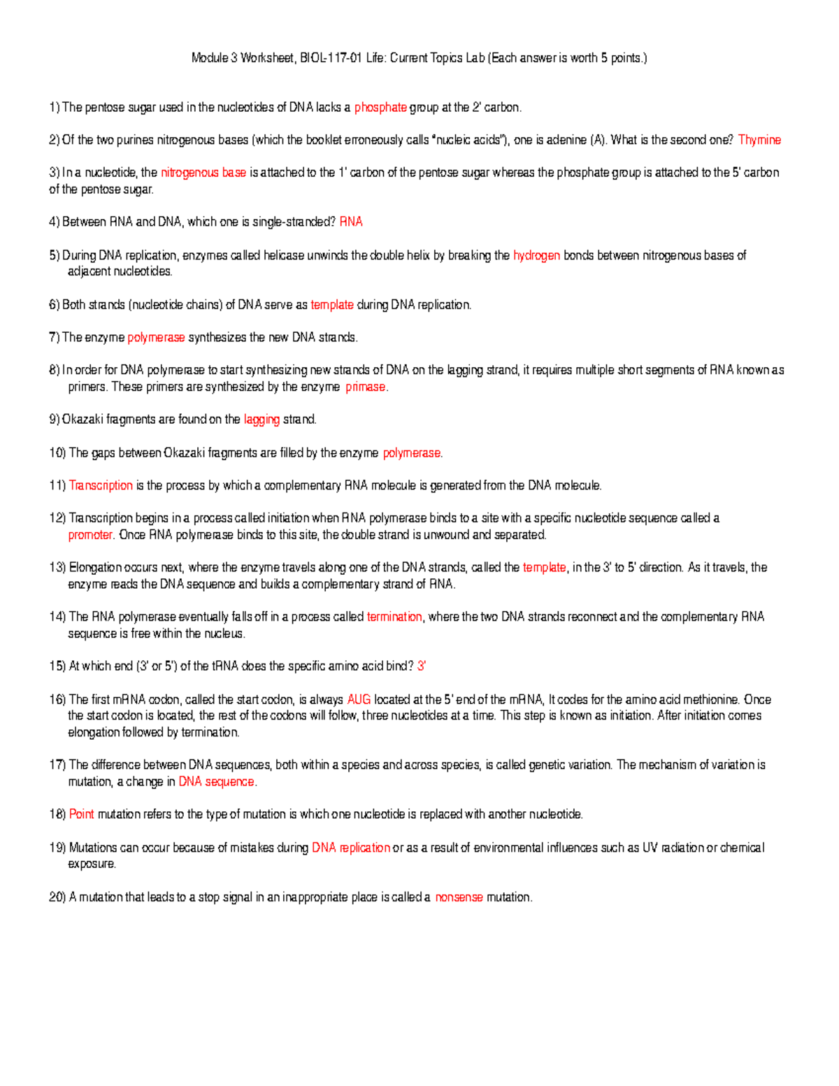 Module 3 Worksheet - Lecture notes 3 - Module 3 Worksheet, BIOL-117-01 ...