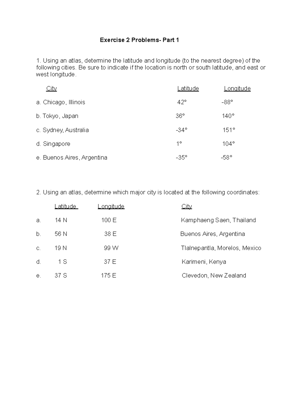 Latitude Lab Part 1 - Exercise 2 Problems- Part 1 Using an atlas, determine the latitude and ...