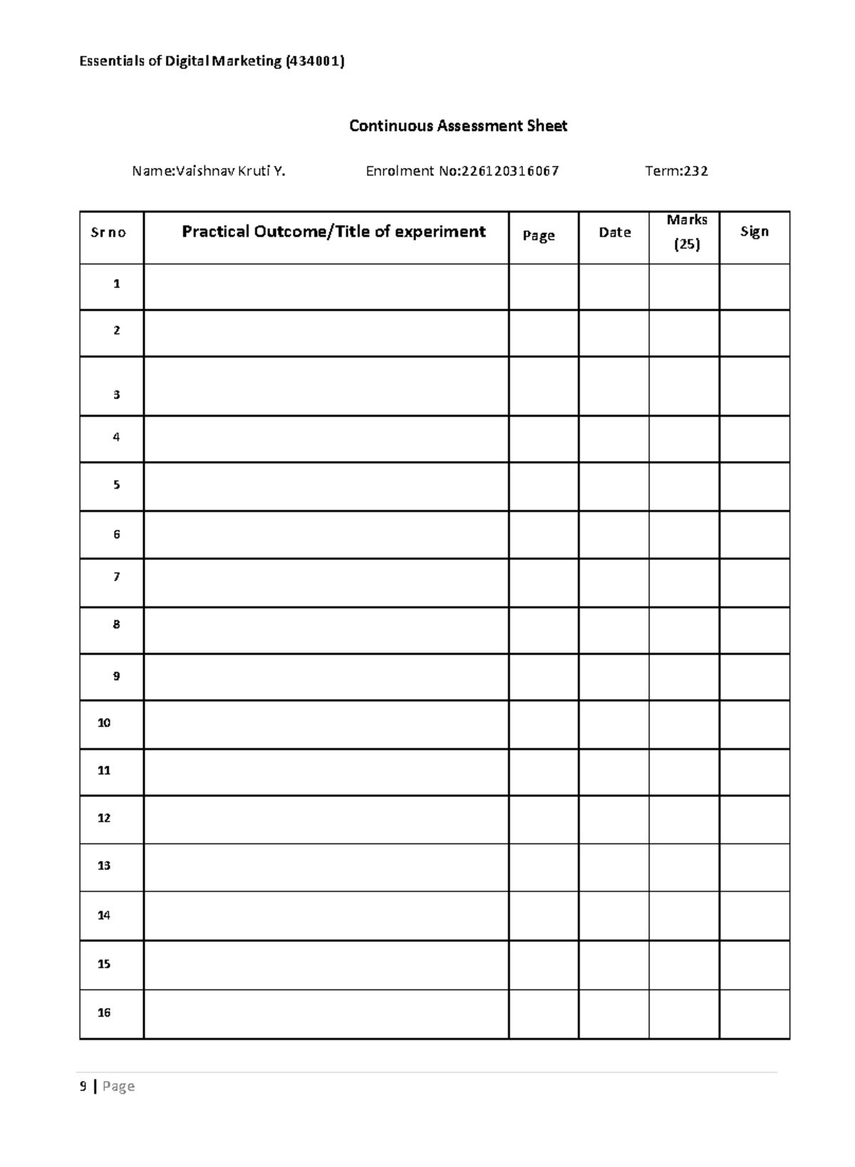 EDM 1 & 2 kt - Continuous Assessment Sheet Name:Vaishnav Kruti Y ...