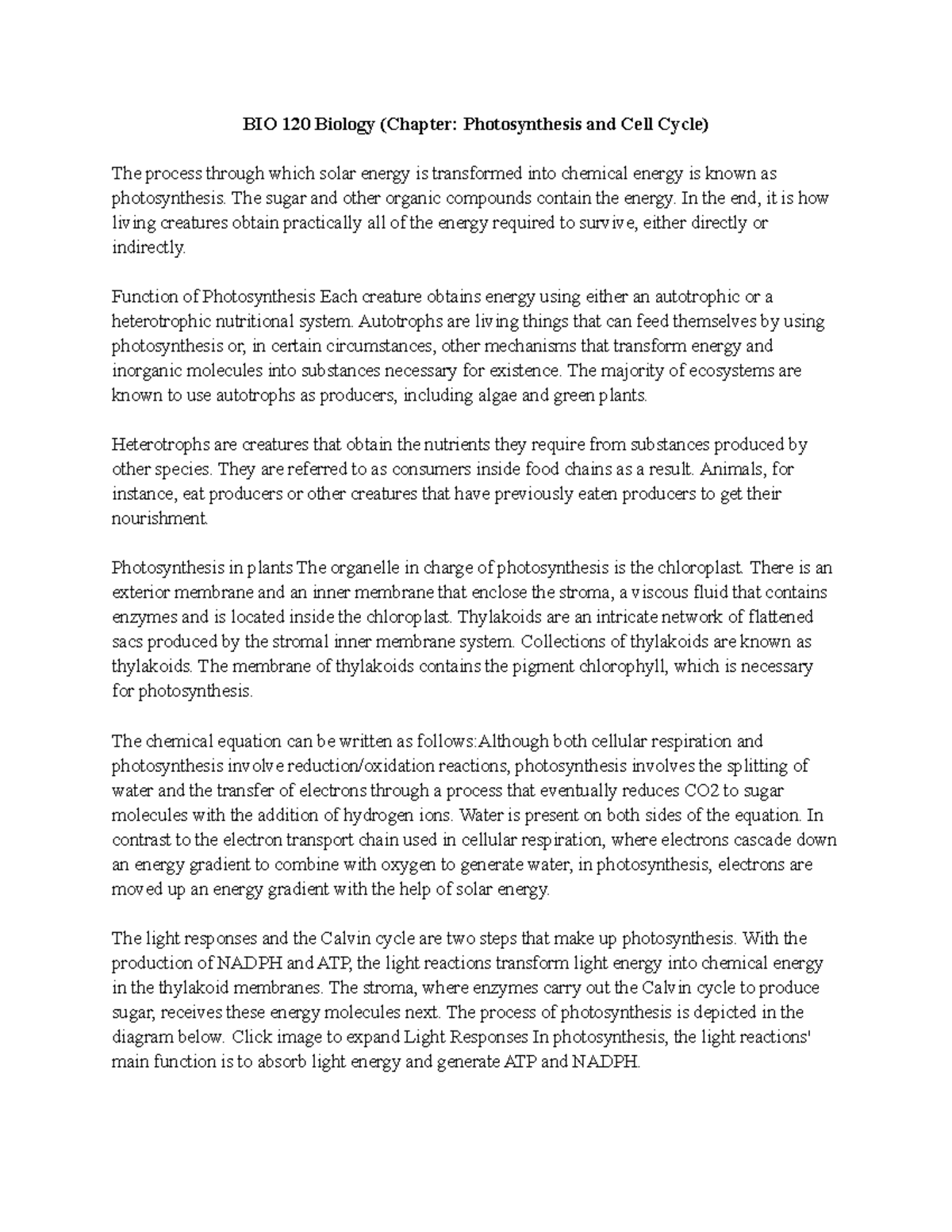 BIO 120 Biology (Chapter Photosynthesis and Cell Cycle) - The sugar and ...