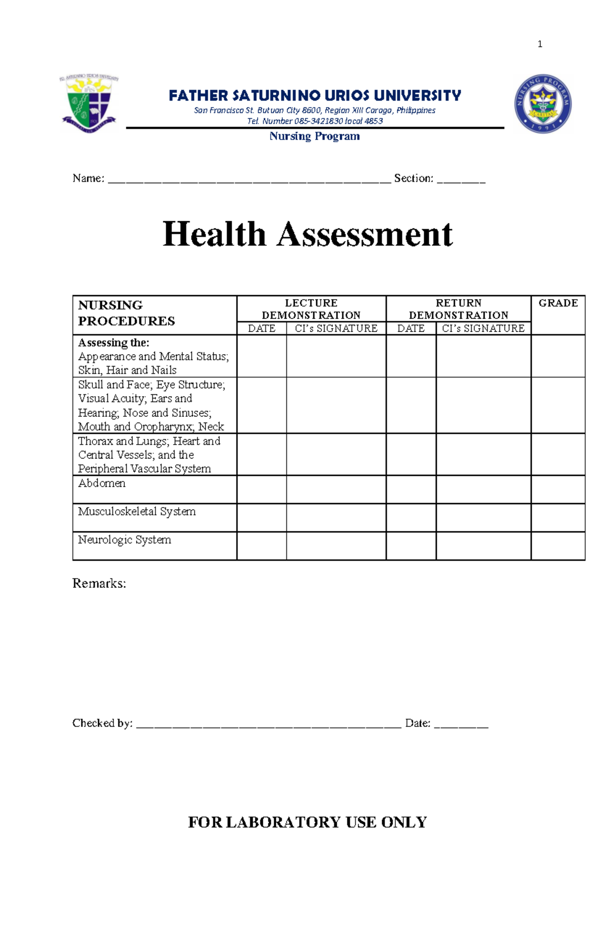 NCM 120 Procedural Checklist - FATHER SATURNINO URIOS UNIVERSITY San ...