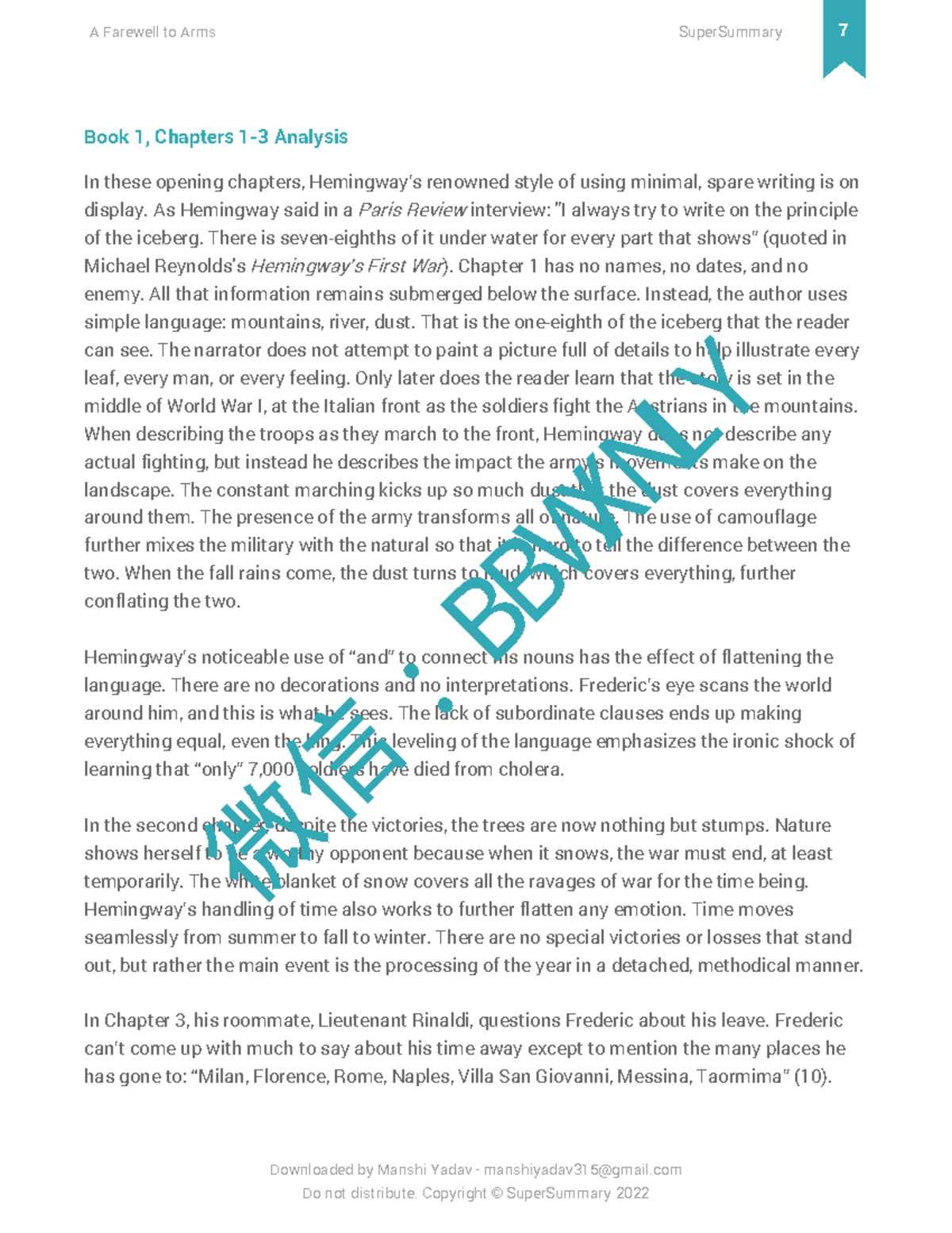 A Farewell to Arms - Super Summary Study Guide 8 - Book 1 , Chapters 1 ...