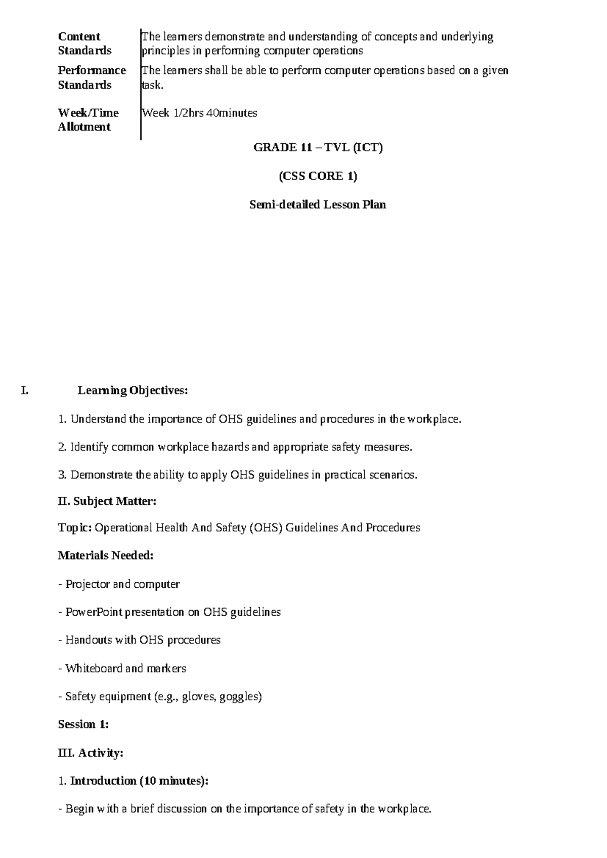Lesson Plan on OSH - GRADE 11 – TVL (ICT) (CSS CORE 1) Semi-detailed ...
