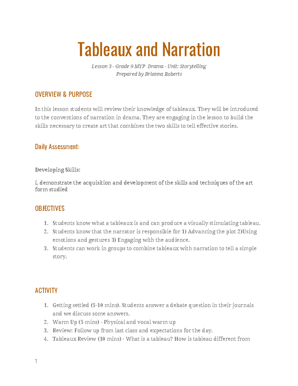 Grade 9 - Unit 2 Storytelling - Lesson 3 - Tableaux and Narration ...
