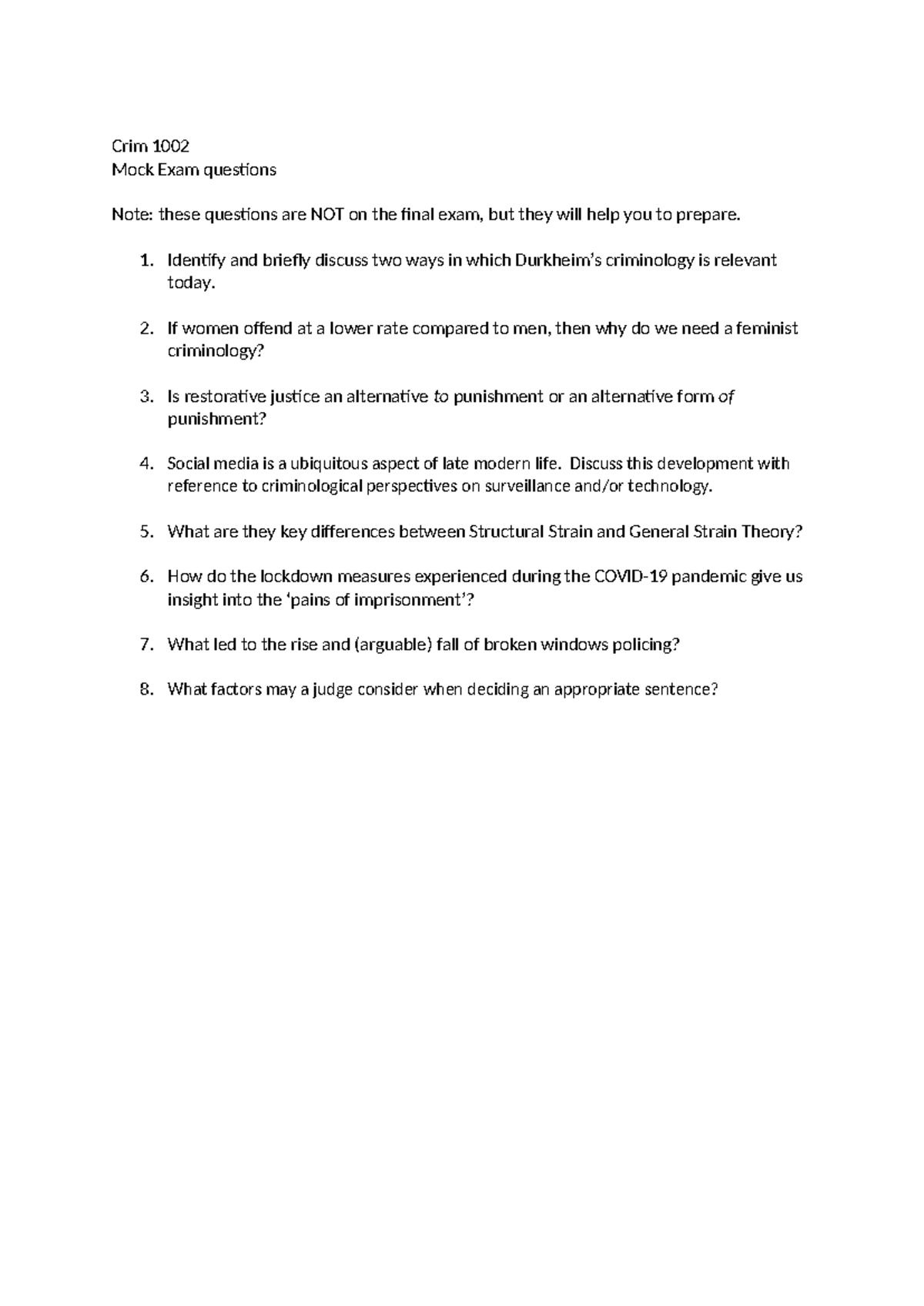 Crim 1002 mock exam questions 2022 - Crim 1002 Mock Exam questions Note ...