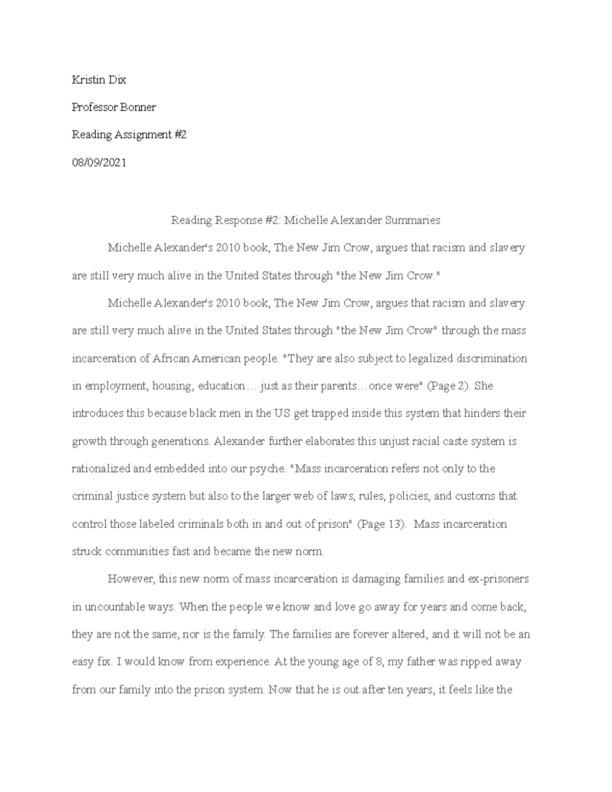 Reading Response #2 - Kristin Dix Professor Bonner Reading Assignment ...