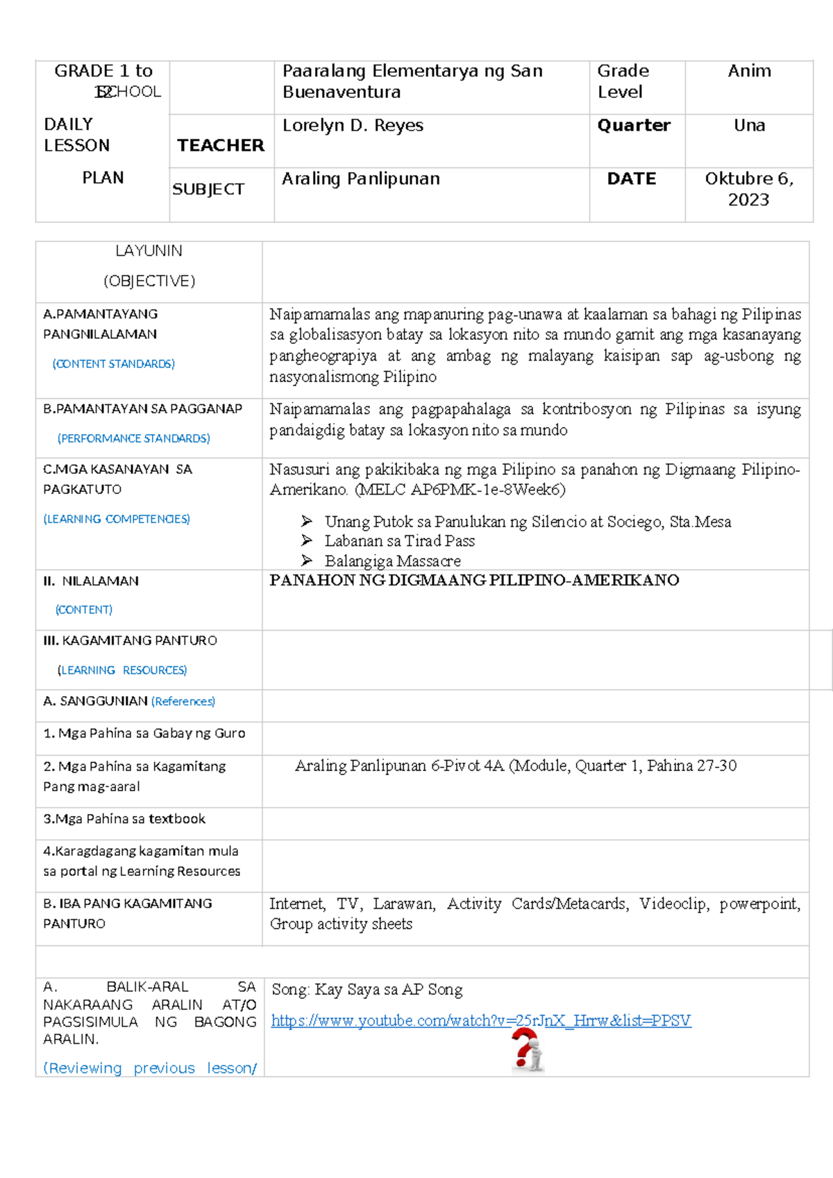 AP 6 COT Quarter 1 Week 6 - Classroom Observation - GRADE 1 to 12 DAILY ...