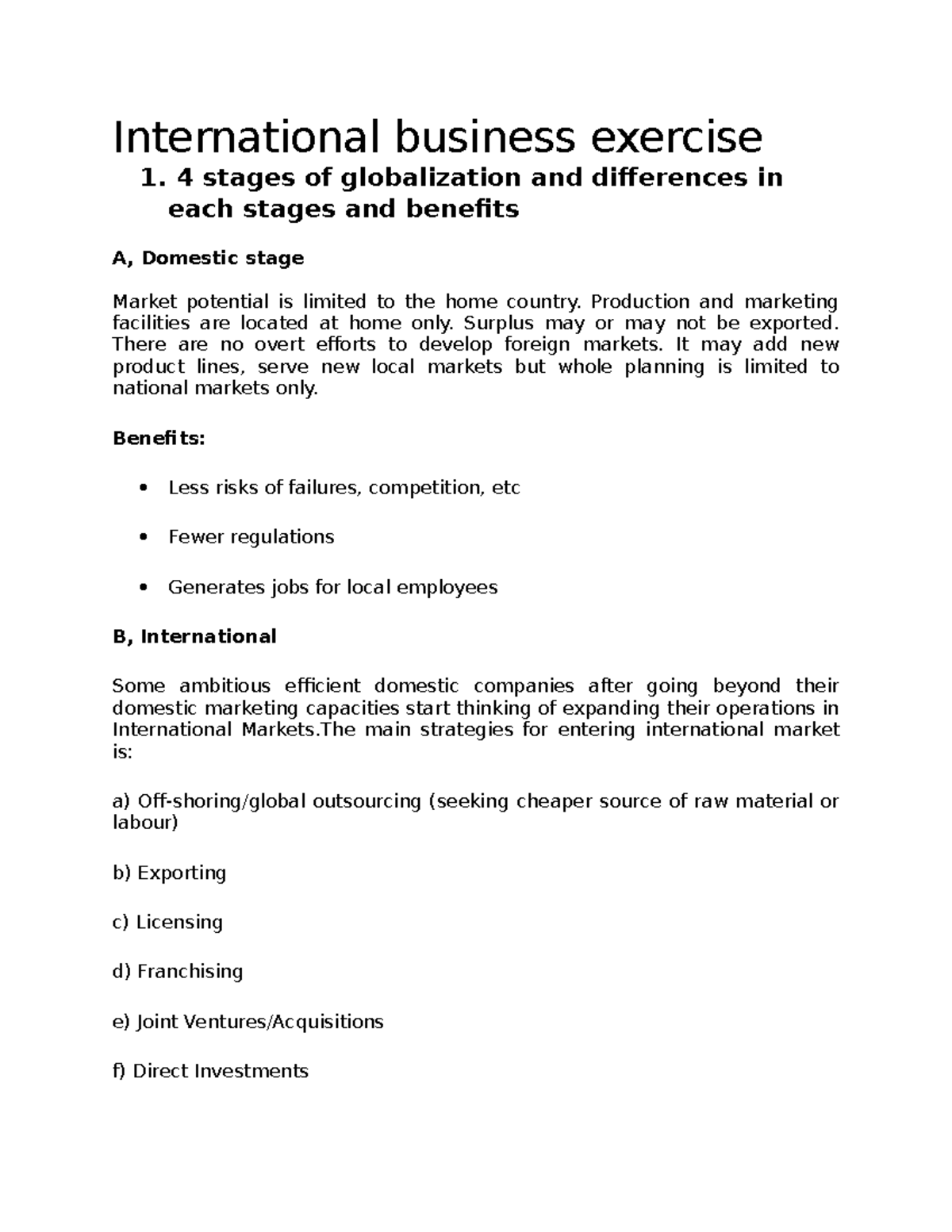 International business exercise - 4 stages of globalization and ...