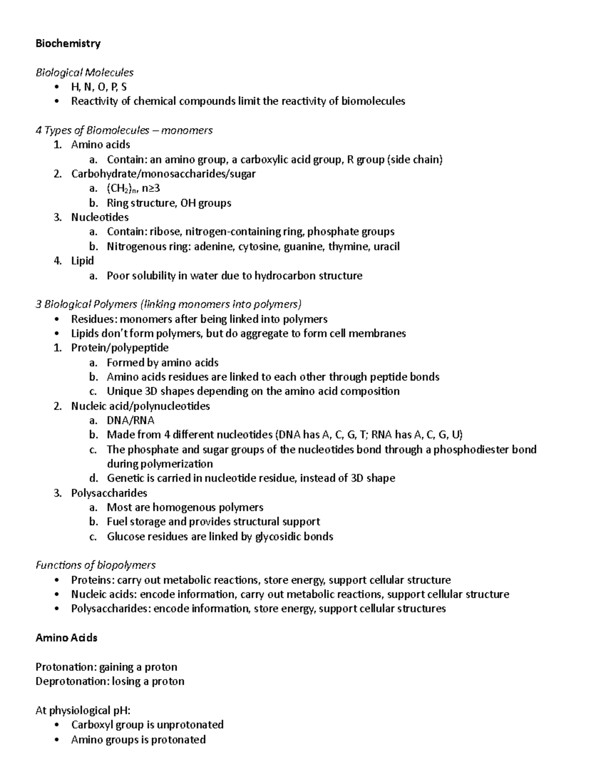 Topics 1-4 - Biochemistry Biological Molecules • H, N, O, P, S Reac ...
