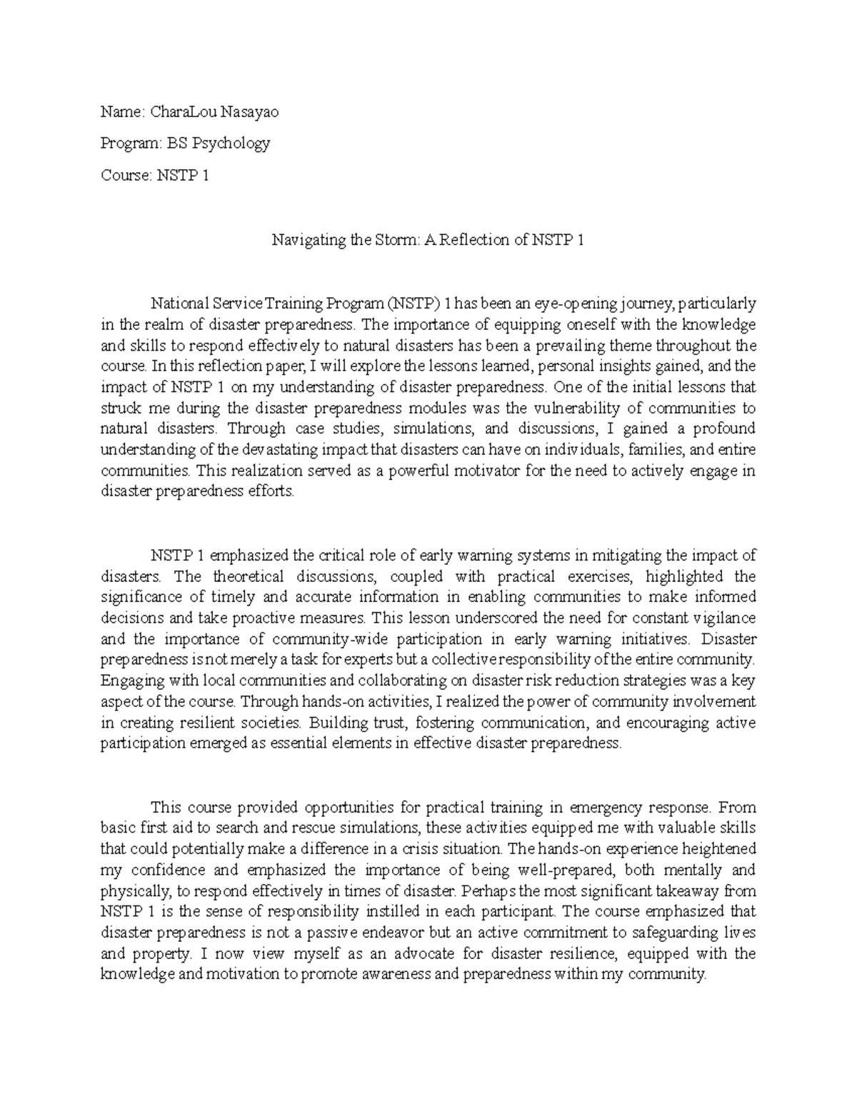 NSTP 1 Reflection Paper - Name: CharaLou Nasayao Program: BS Psychology ...