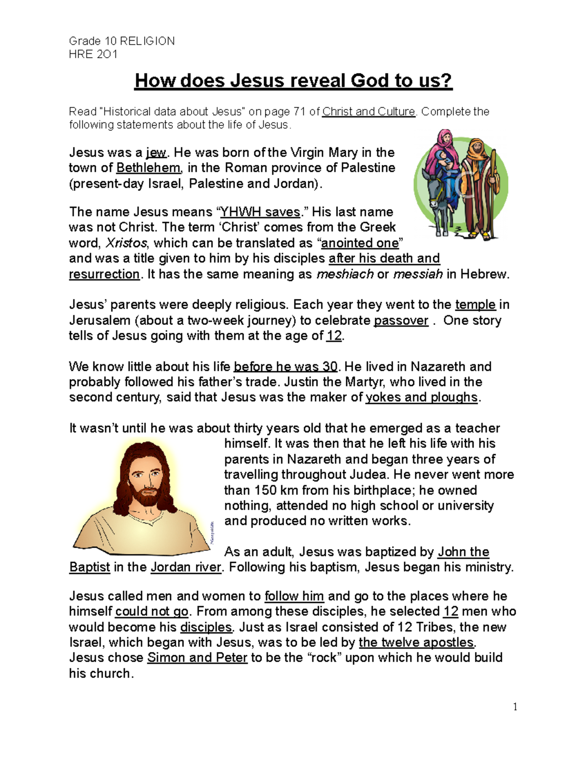 Key Terms Jesus Activity - Grade 10 RELIGION HRE 2O How does Jesus ...