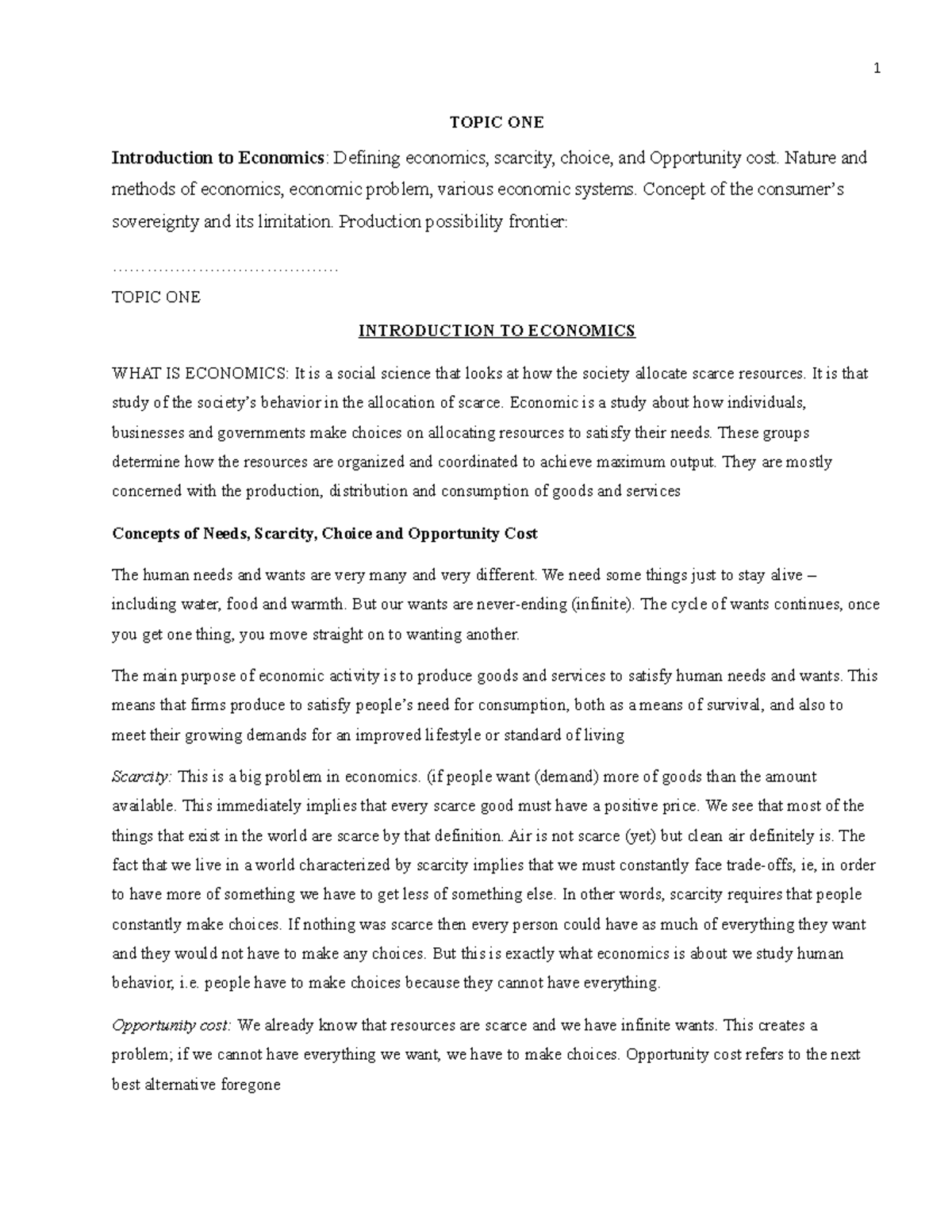 Topic ONE-introdcuction to micro economics 345 - Entrepreneurship - Studocu