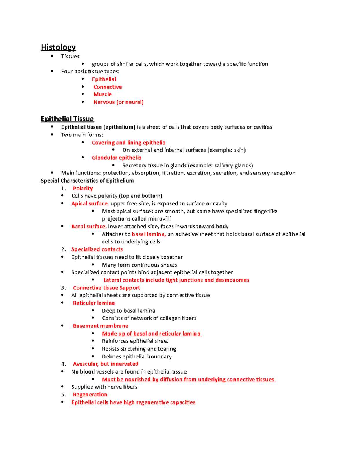 Histology - Lecture notes 1 - Histology Tissues groups of similar cells ...