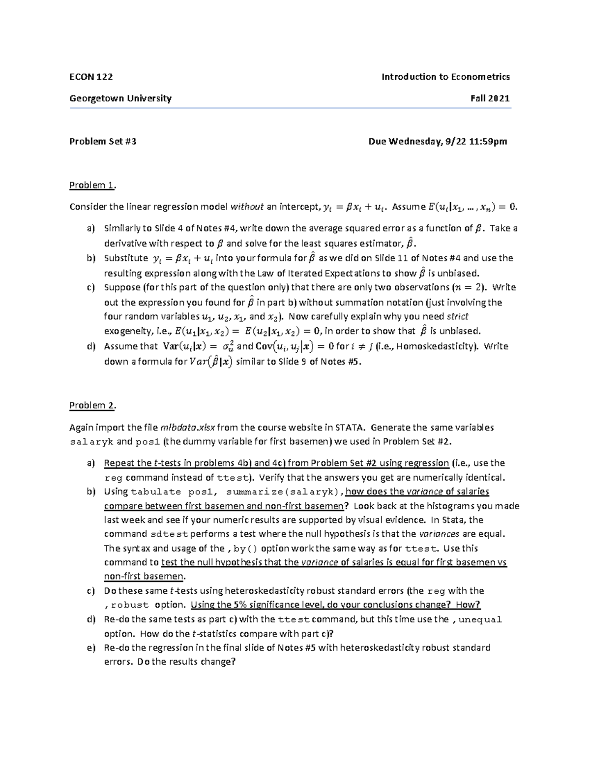 Homework 3 Fall semester - ECON 122 Introduction to Econometrics Georgetown University Fall 2021 ...