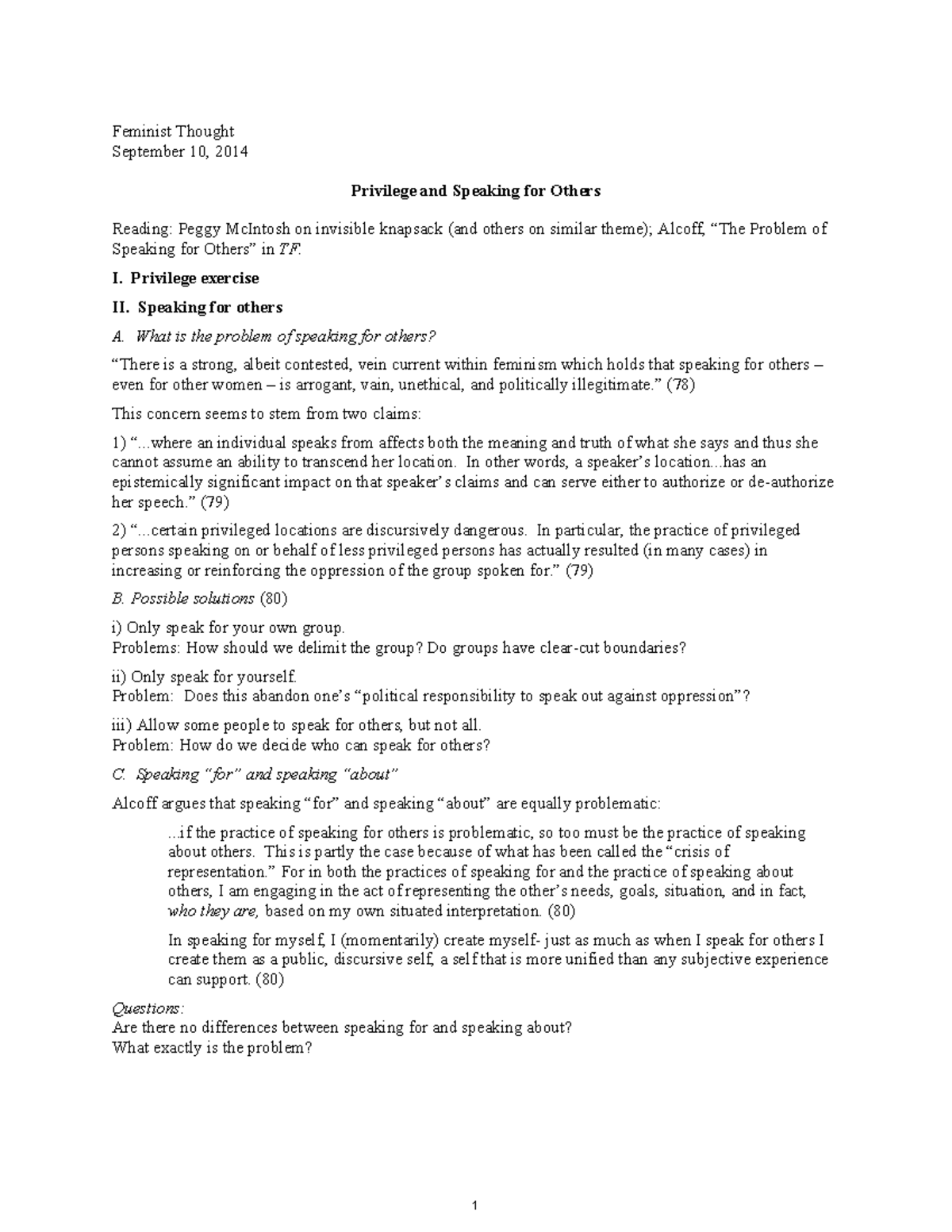 Privilege and Speaking for Others lecture notes - Feminist Thought ...