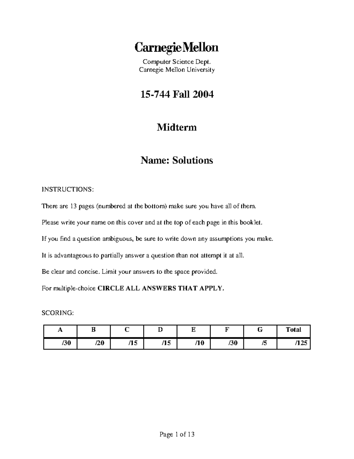 Assignments solutions - Computer Science Dept. Carnegie Mellon ...
