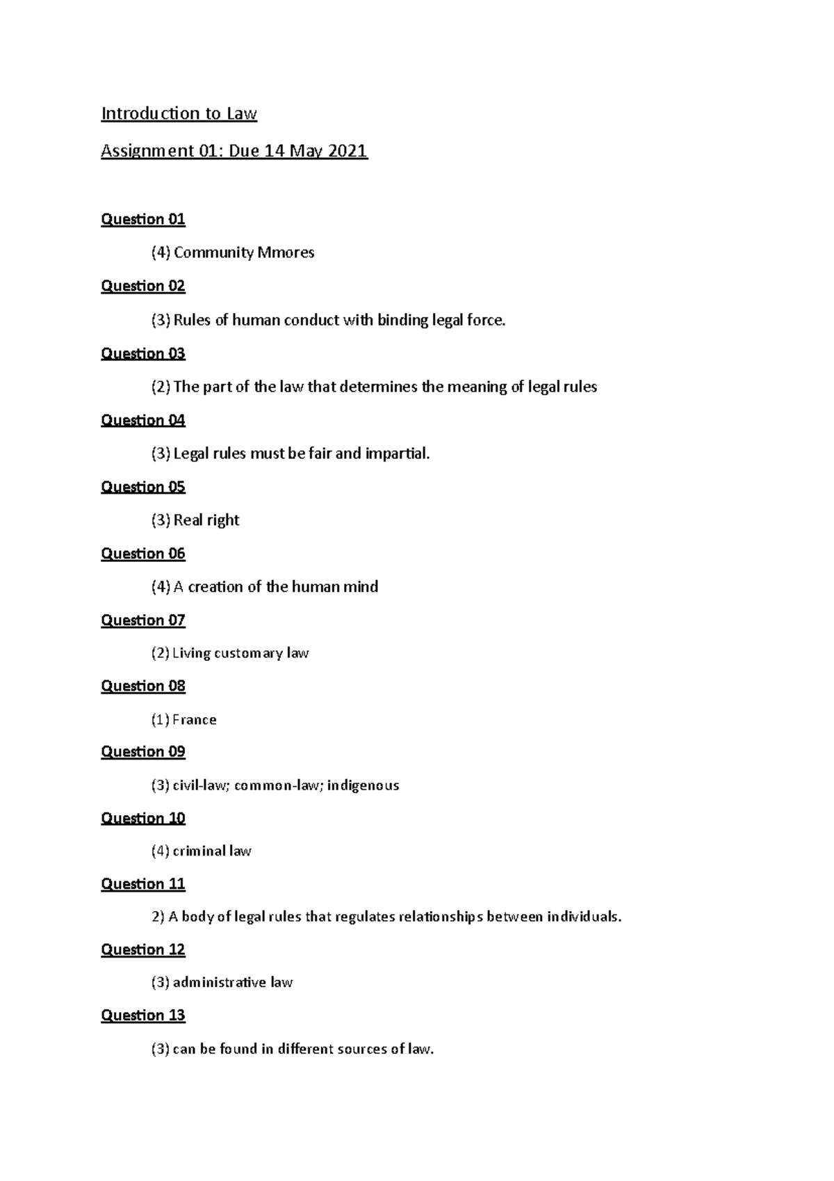 Introduction to Law Assignment 01 - Question 03 (2) The part of the law ...