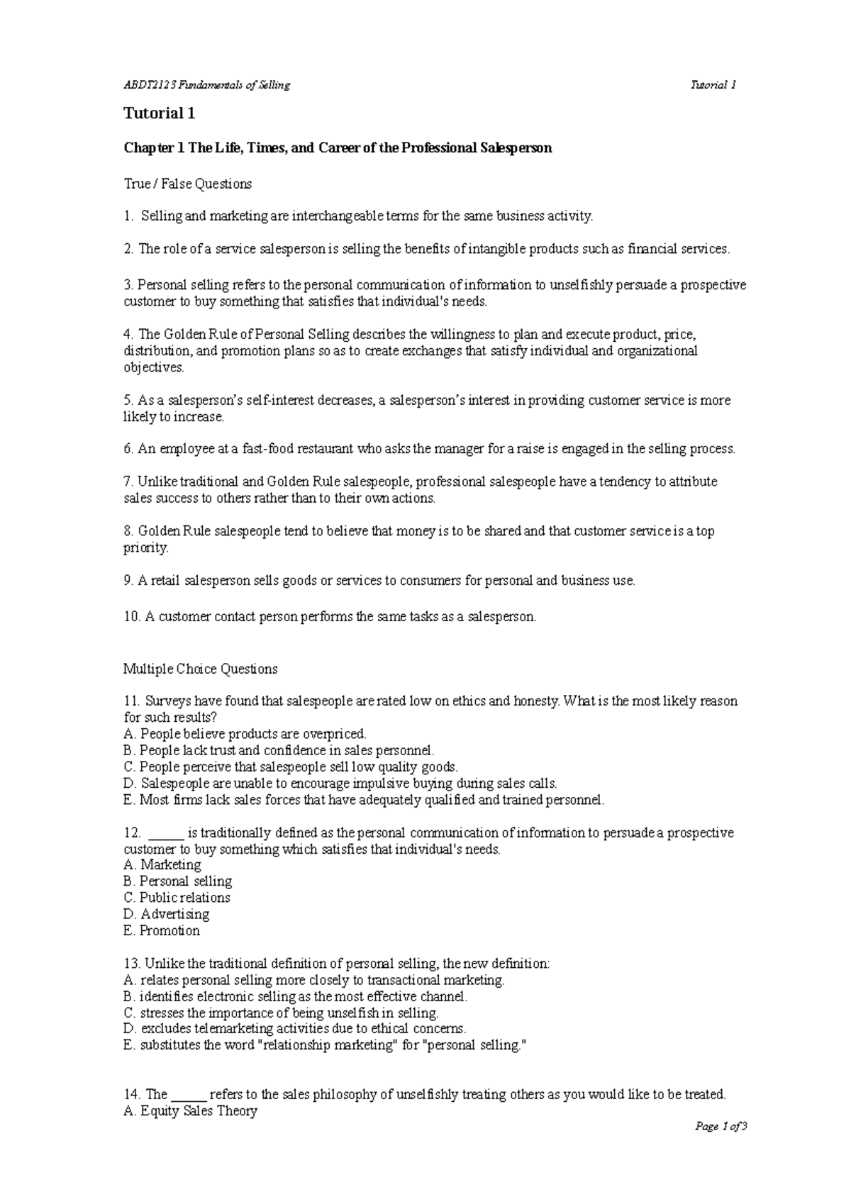 Tutorial 1-CHP1-WK2 - tut - ABDT2123 Fundamentals of Selling Tutorial 1 Tutorial 1 Chapter 1 The ...