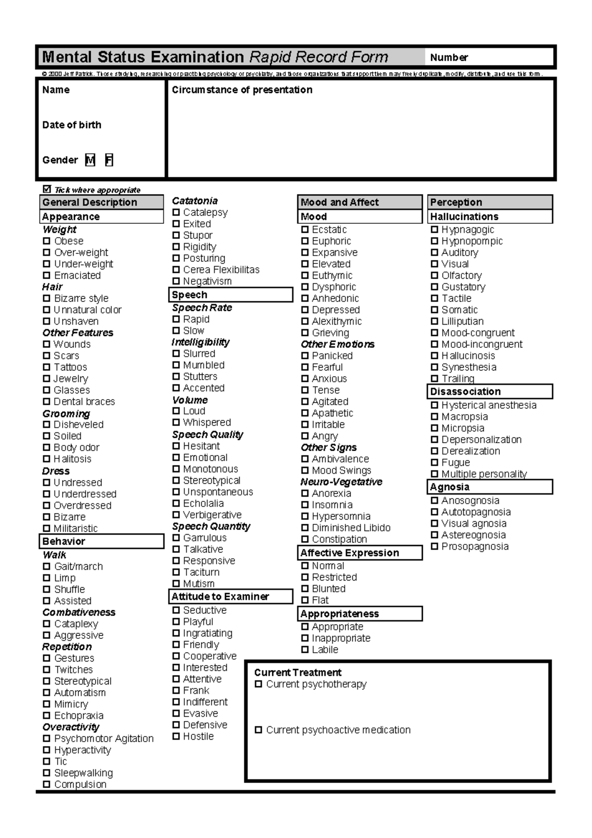 MSE Form - Mental Status Examination Rapid Record Form Number © 2000 ...