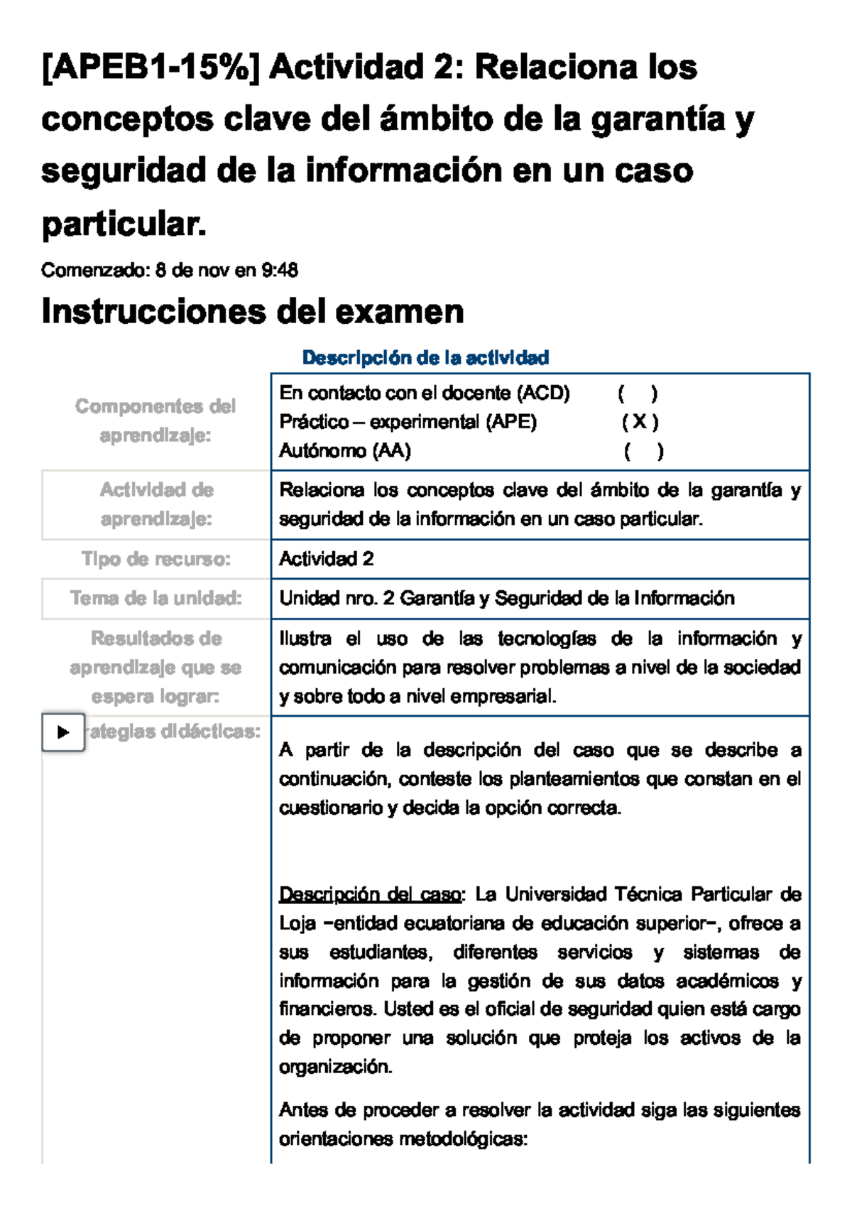 Examen [APEB 1-15%] Actividad 2 Relaci... la información en un caso particular - - Studocu
