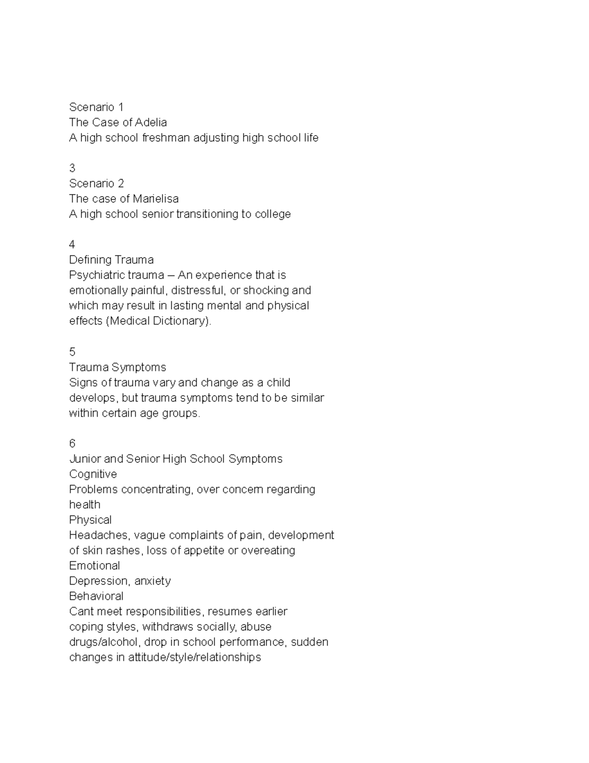 Trauma ,Loss , Coping, Resilience - Scenario 1 The Case of Adelia A ...