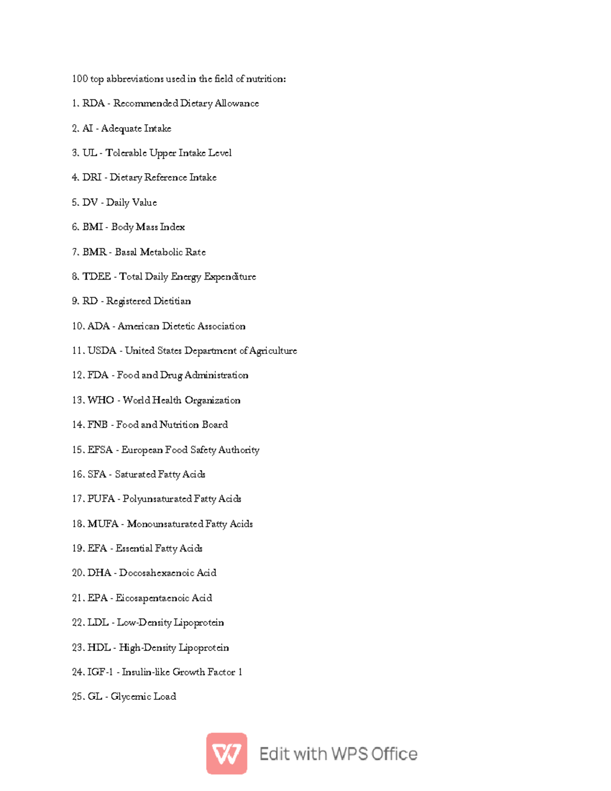 100 Top Nutrition Abbreviations - 100 top abbreviations used in the ...