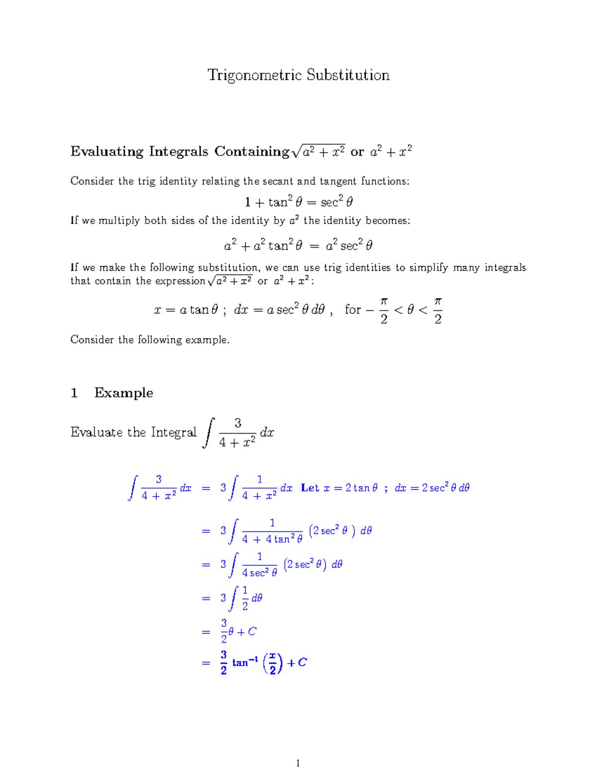 Lesson 4 Trig Substitution (Solutions) - Trigonometric Substitution √ ...