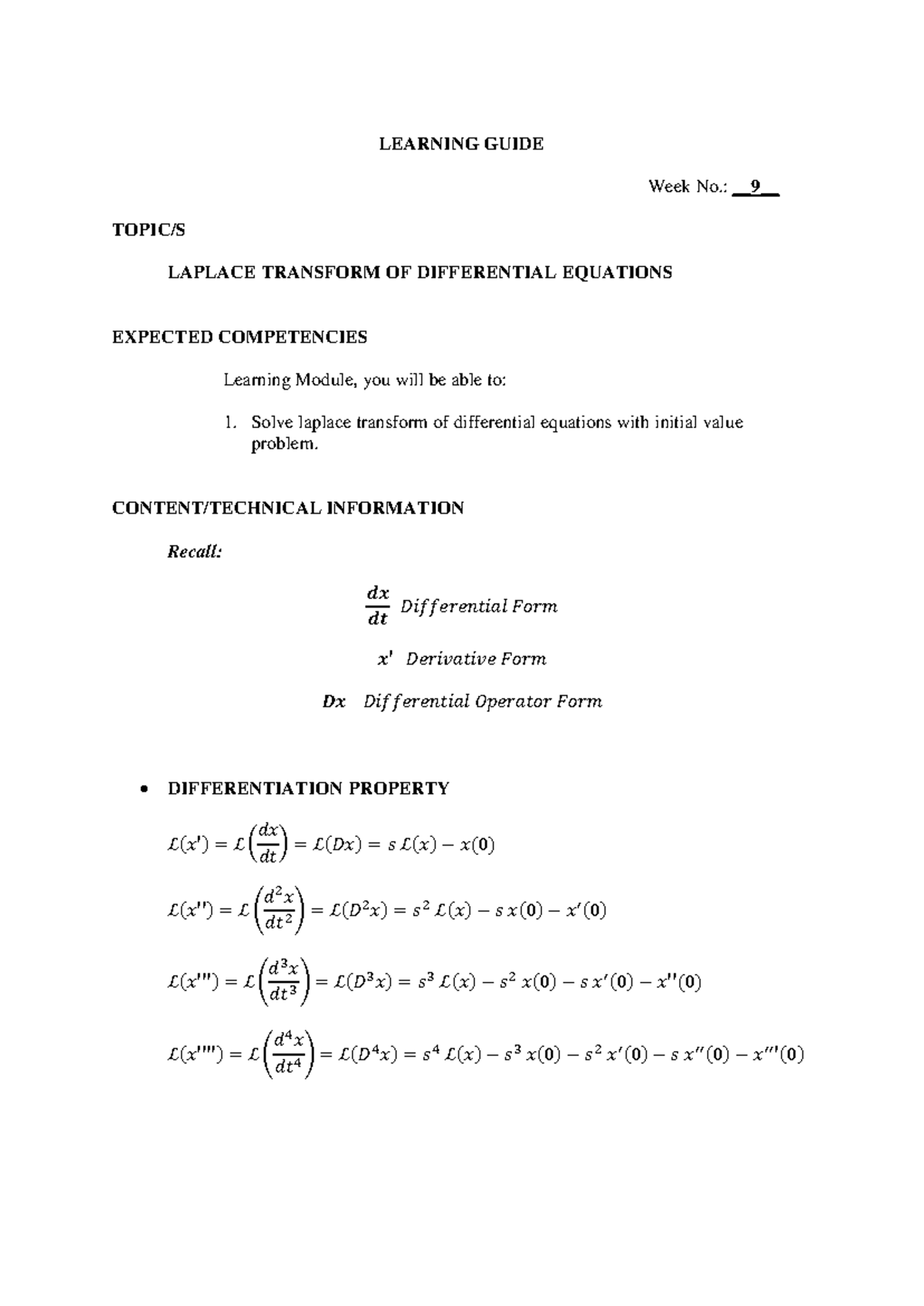 MATH 223 Advanced Engineering Mathematics W9 to W13 - LEARNING GUIDE ...