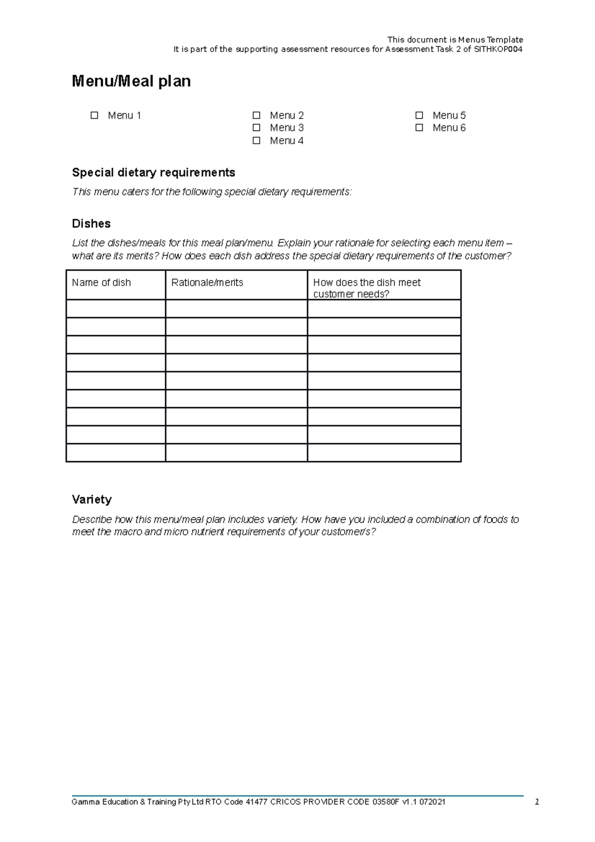 Sithkop 004 Menus Template - It is part of the supporting assessment ...
