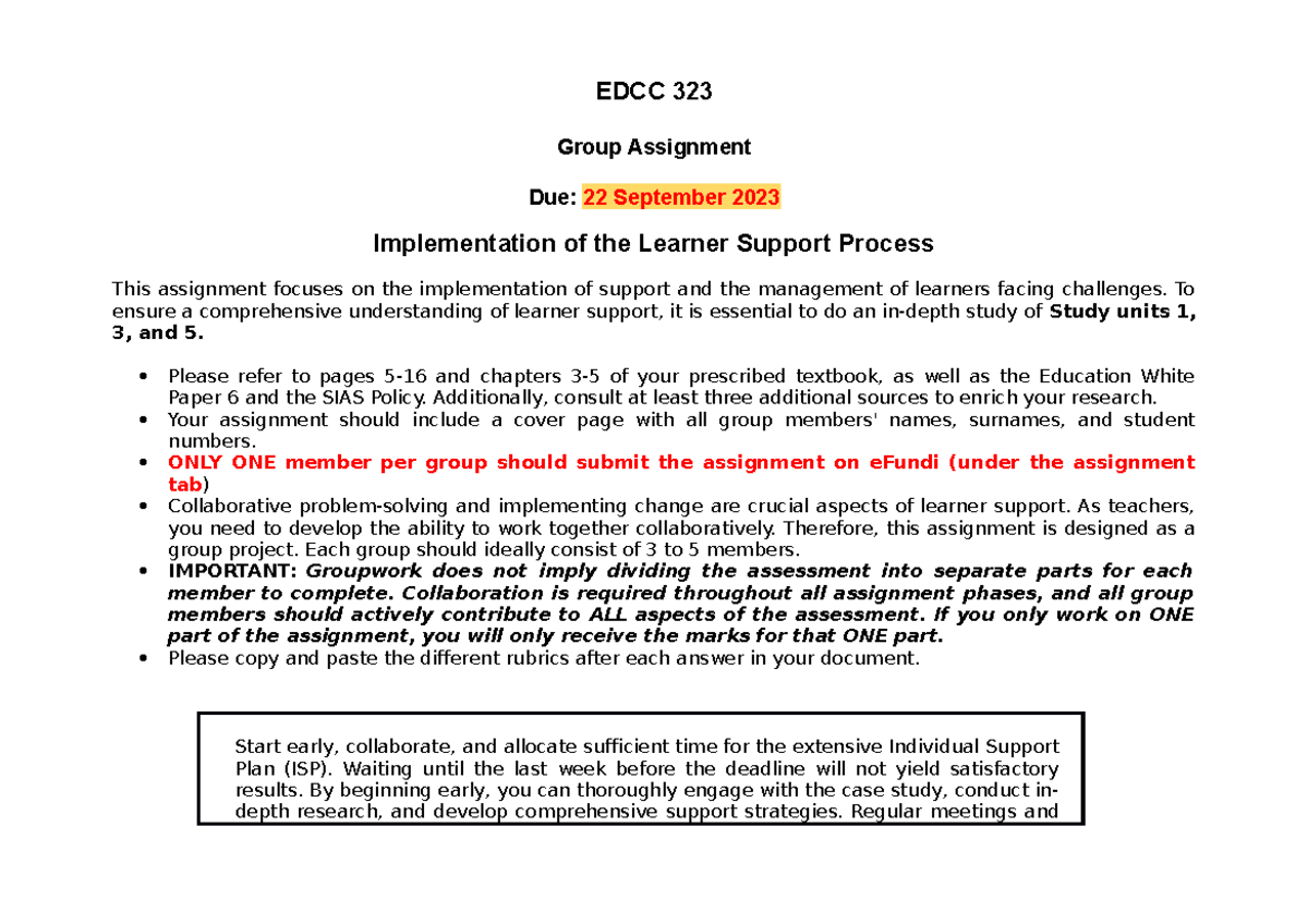Assignment 1 EDCC323 2023 - EDCC 323 Group Assignment Due: 22 September ...