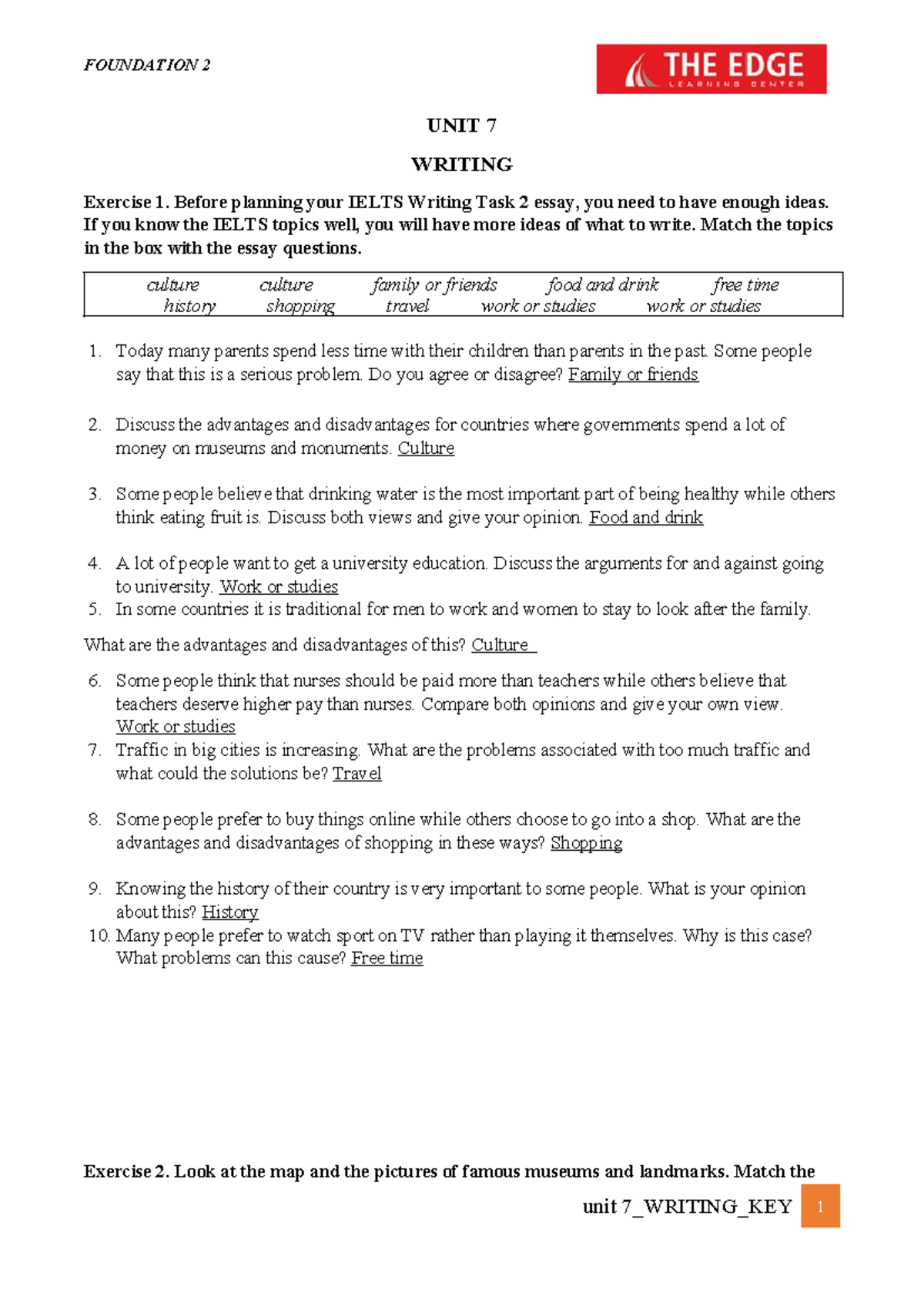 Writing Unit 7 Answer Key - UNIT 7 WRITING Exercise 1. Before planning your IELTS Writing Task 2 ...