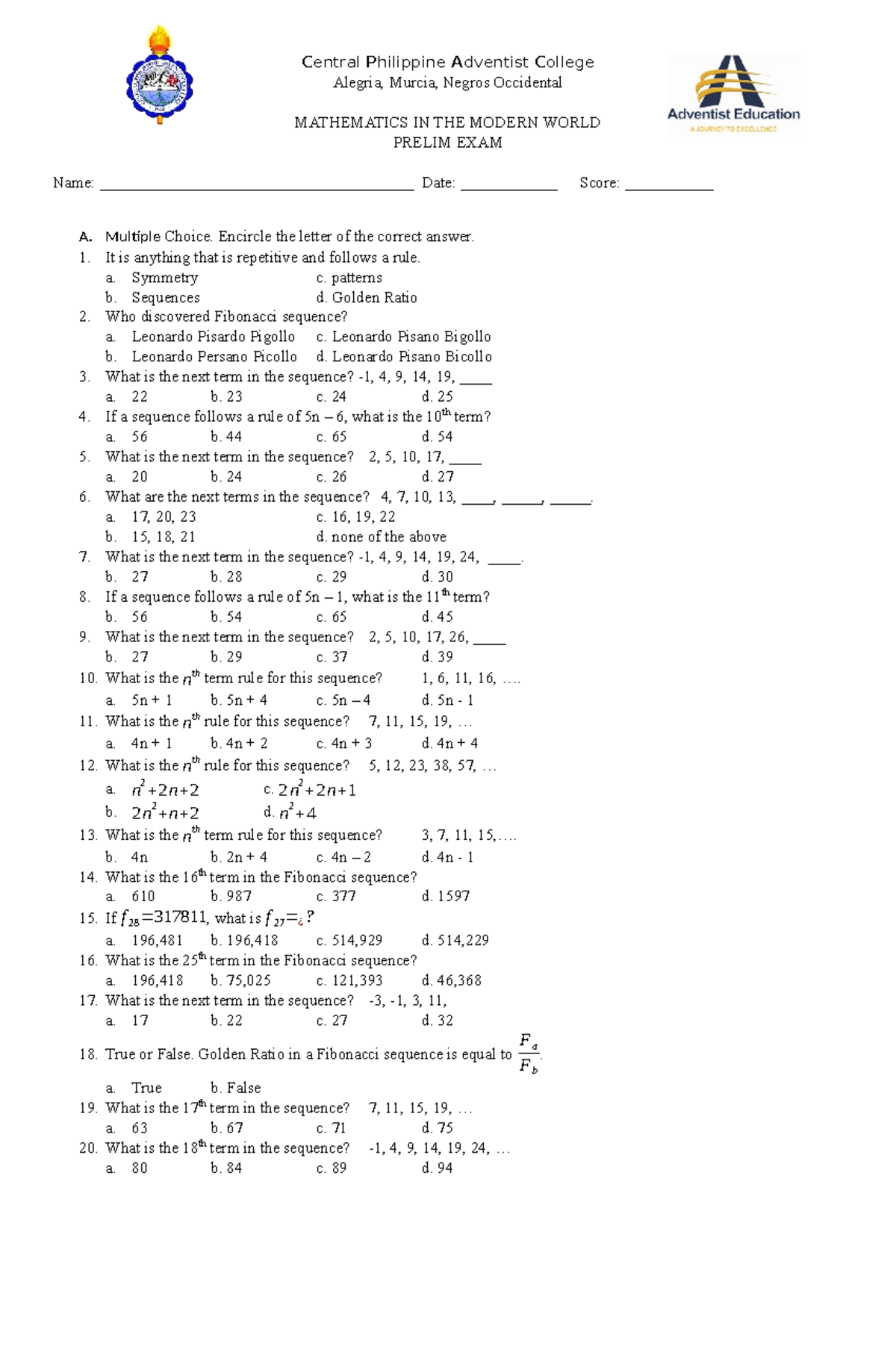 Math in the Modern Prelim Special - Central Philippine Adventist ...