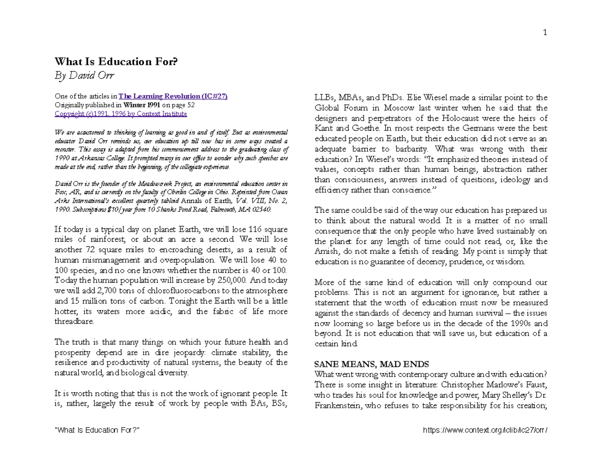 Orr David-What Is Education For - What Is Education For? By David Orr ...