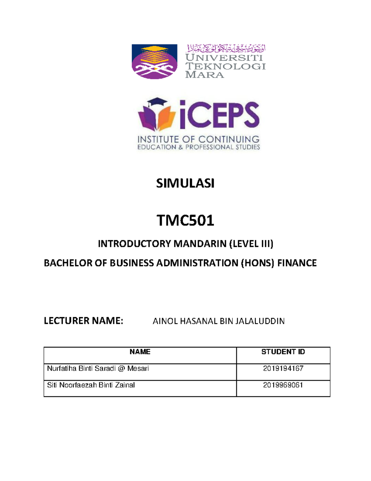 Simulasi 1 - TMC501 - SIMULASI TMC INTRODUCTORY MANDARIN (LEVEL III) BACHELOR OF BUSINESS - Studocu