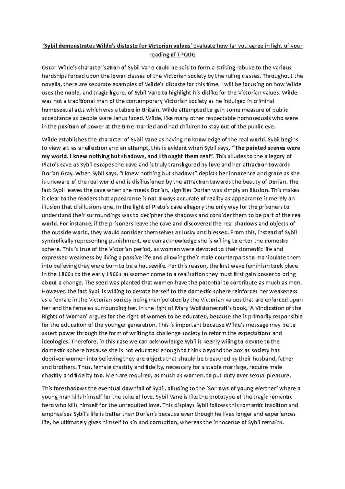 Oscar Wilde - The Picture of Dorian Gray - ‘Sybil demonstrates Wilde’s ...